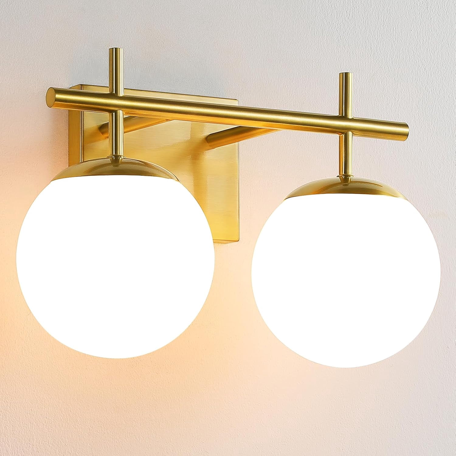 2-Light Gold Bathroom Vanity Fixture with Milky White Glass Globe ...