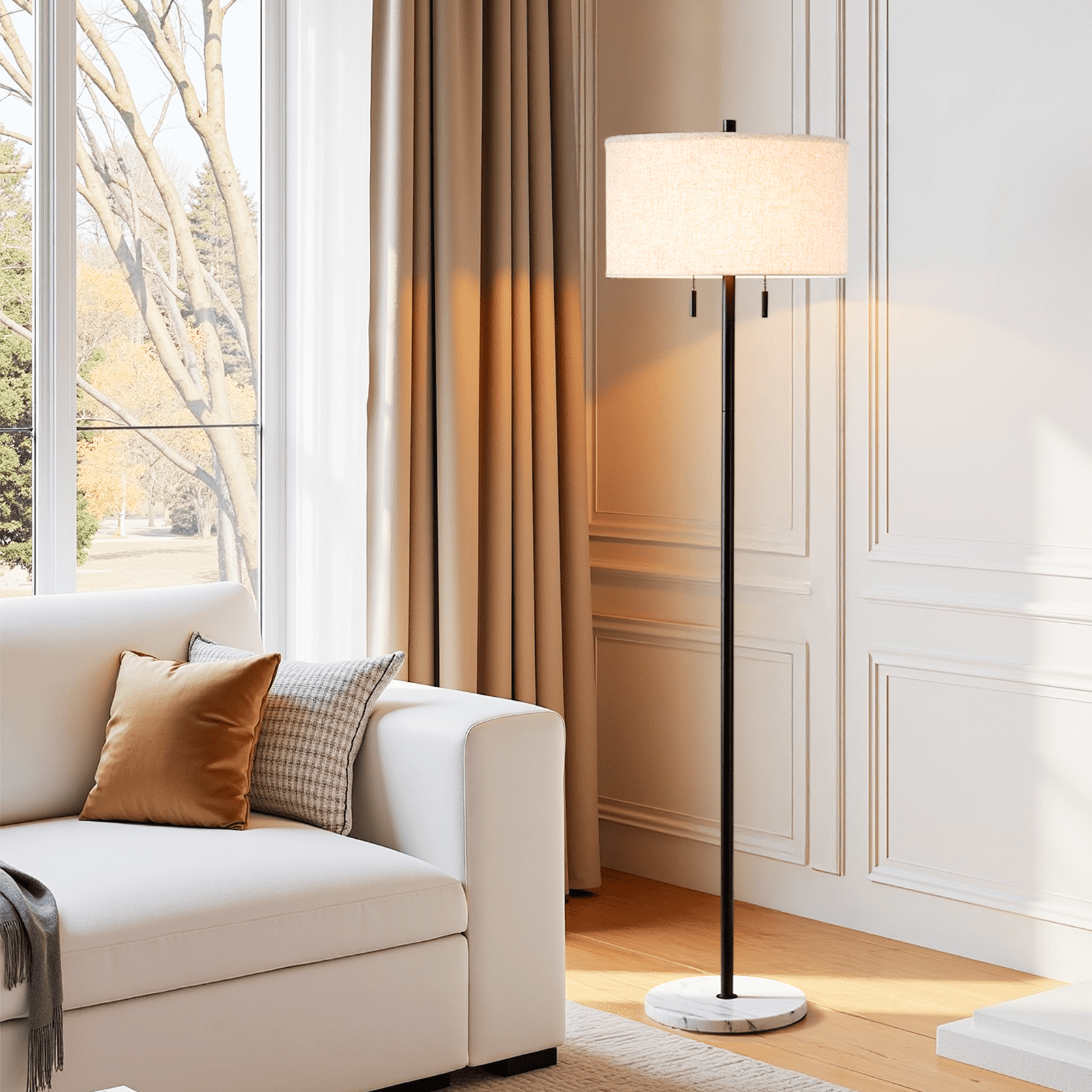 2-Light Mid Century Floor Lamp With Oatmeal Linen Straight Shade, 65 ...