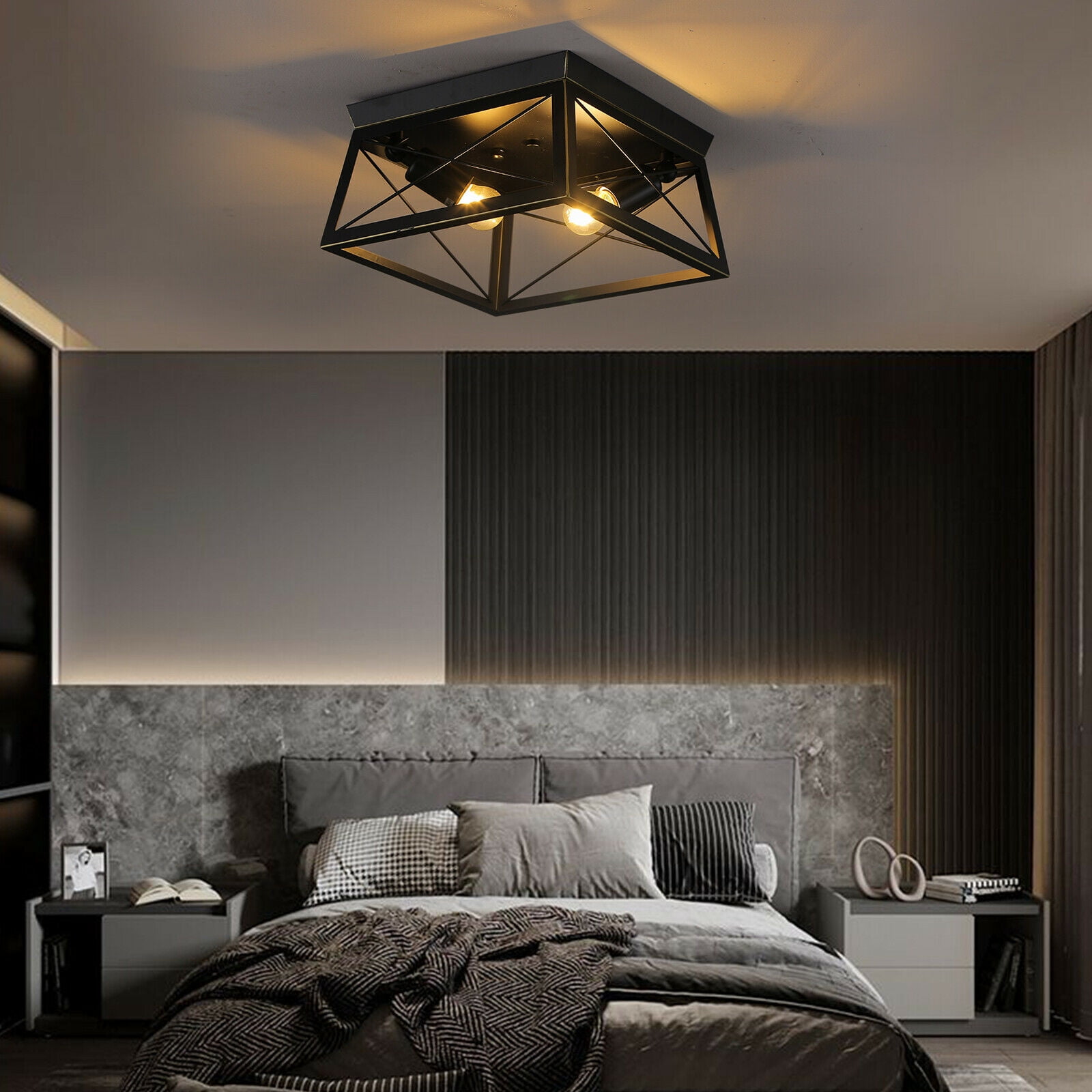 2-Light Semi Industrial Ceiling Light, Rectangle Flush Mount Ceiling ...