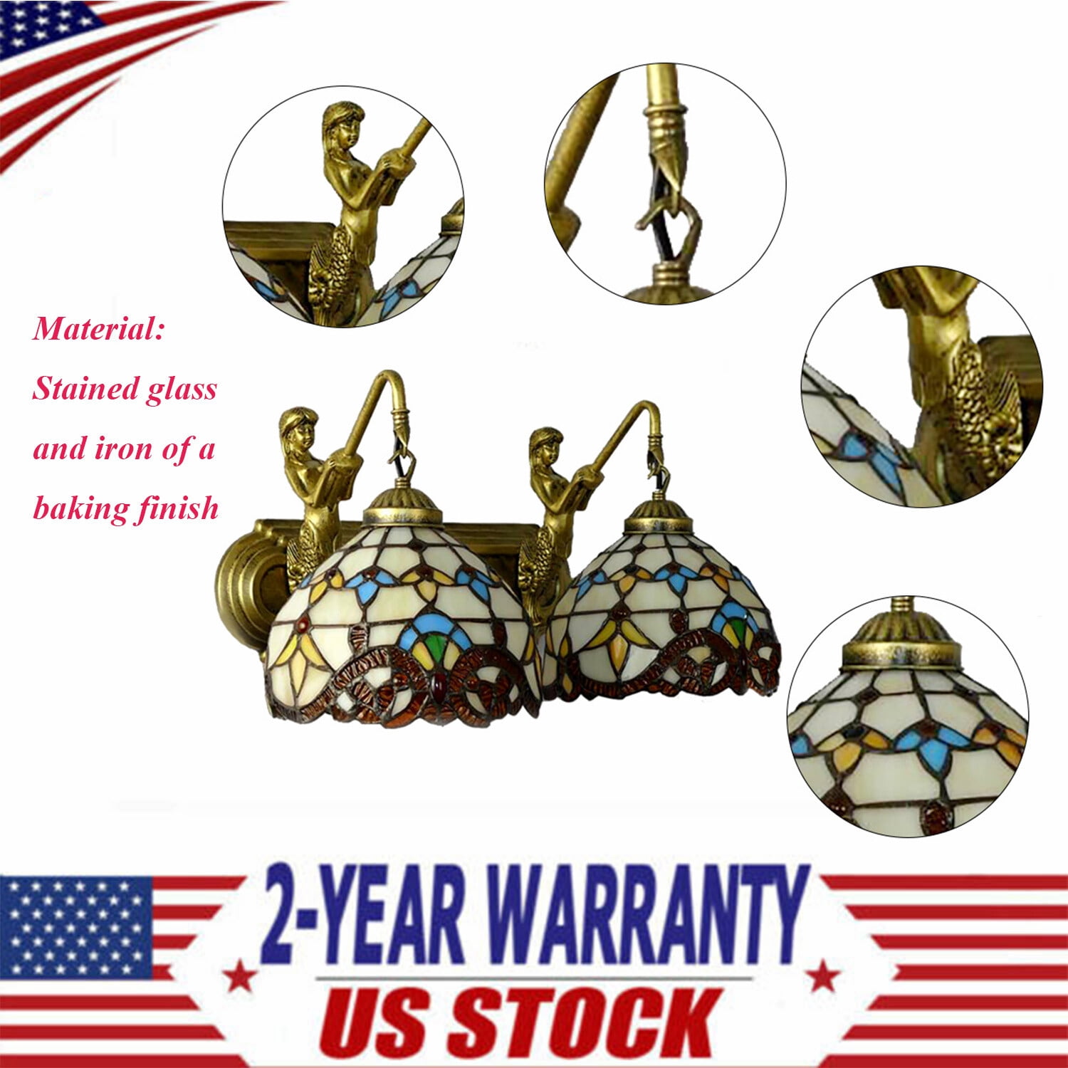 2 Light Tiffany Mermaid Vanity Fixture Wall Light Stained Glass Wall ...