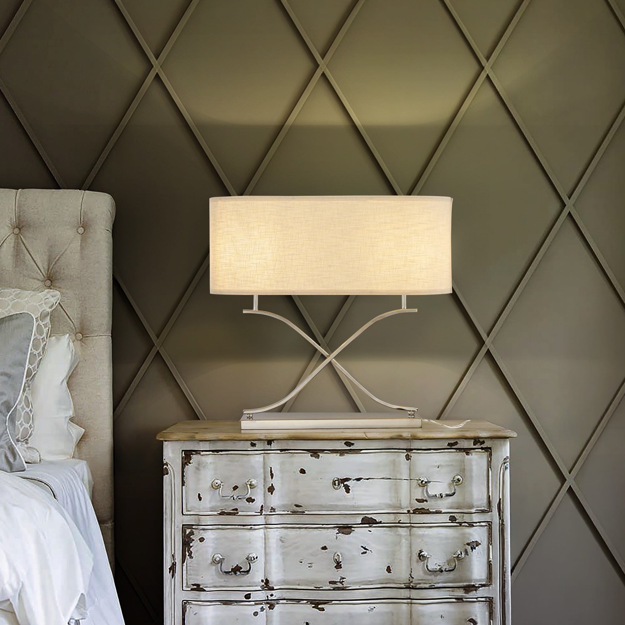 2 Lights 24" Modern Table Lamp with Rectangular Ivory Fabric Shade ...