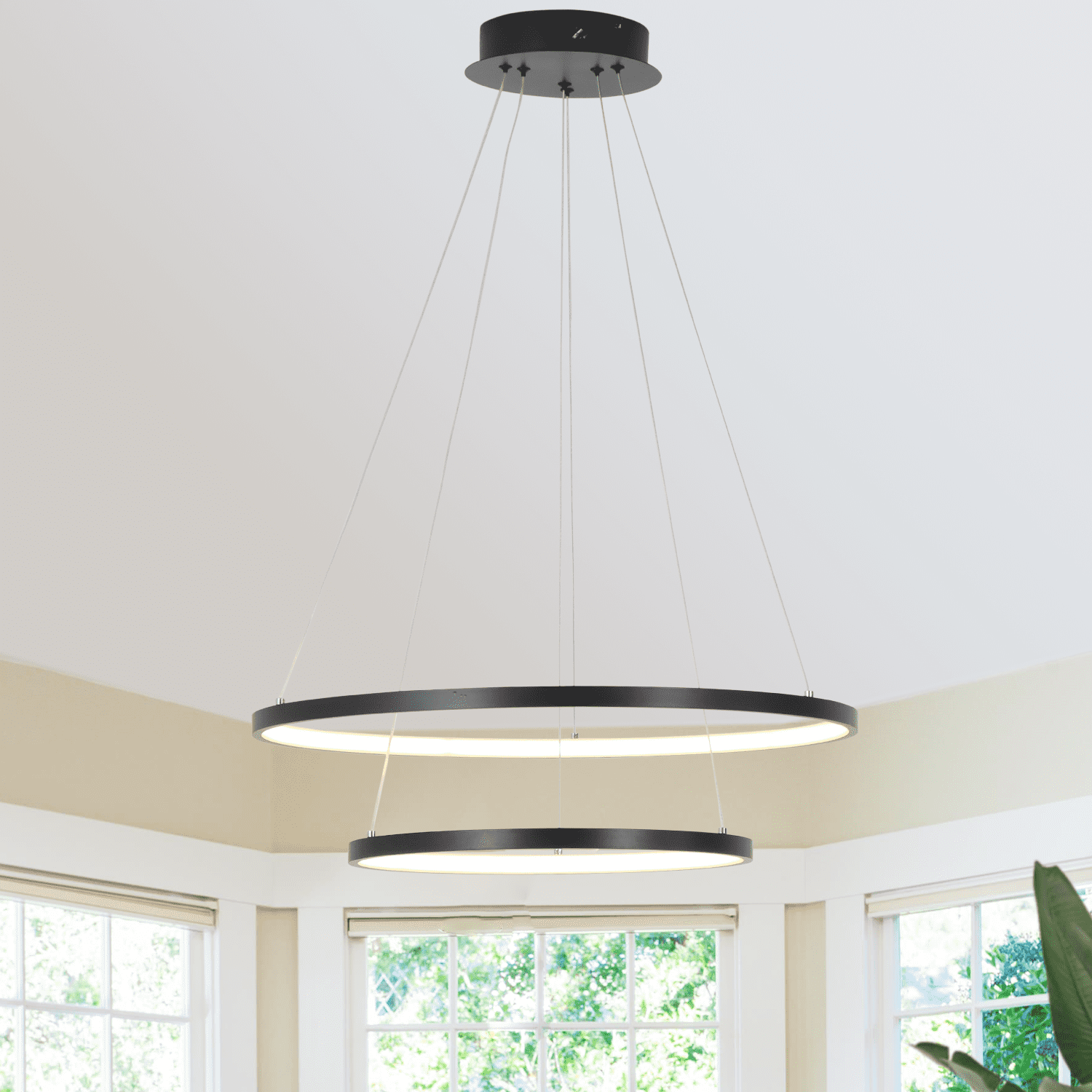 2 Lights Black Rings LED Dimmable Chandelier for Bedroom Dining Room ...