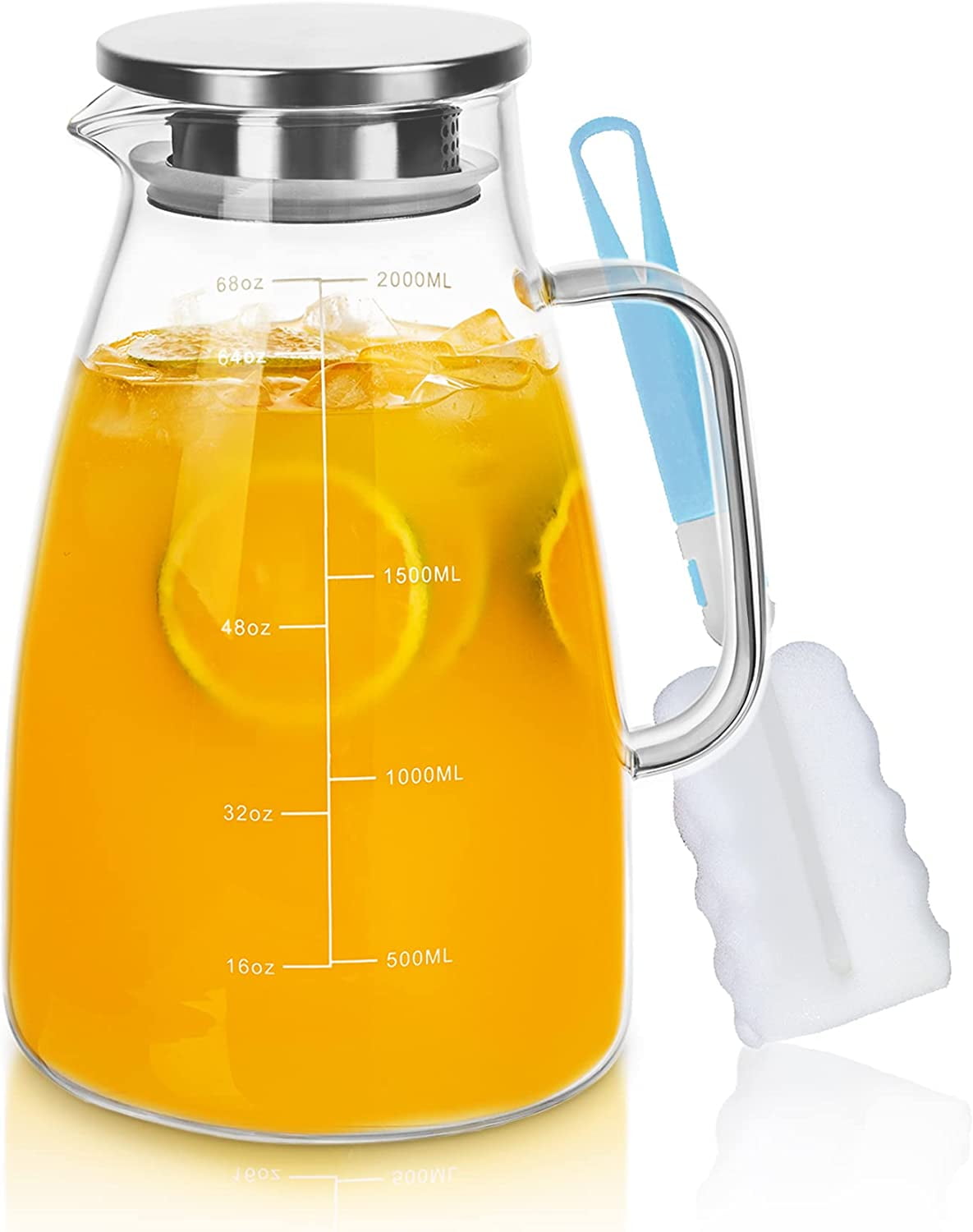 2 Liter 68oz Glass Pitcher with Lid, Large Heat Resistant Glass Water ...