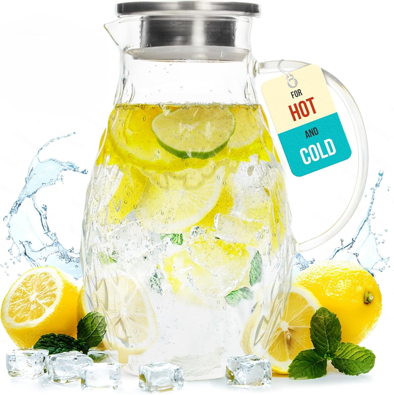 2 Liter Glass Pitcher with Lid & Spout - 68 oz Borosilicate Carafe for ...