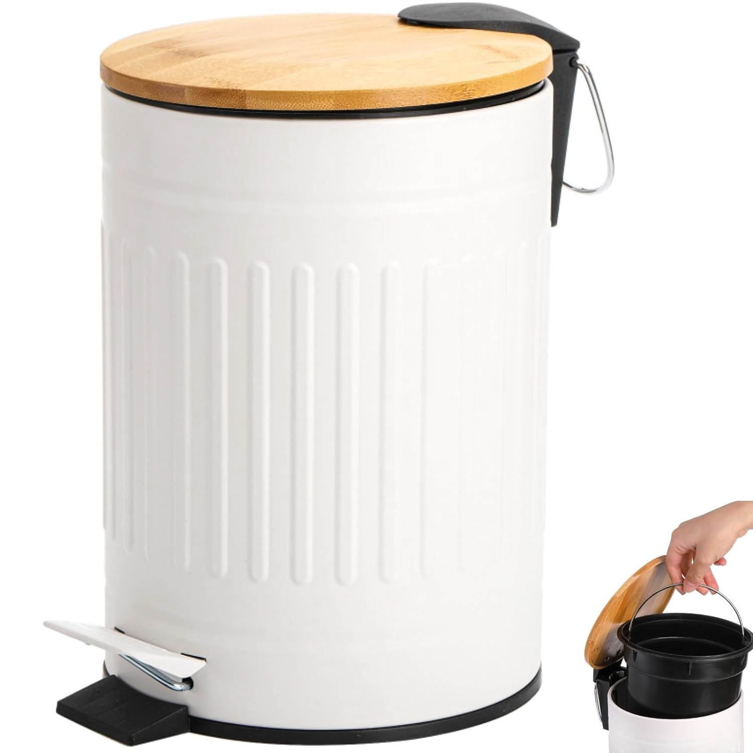 2 Liter Step Trash Can, Metal Rubbish Wastebasket with Wooden Lid ...