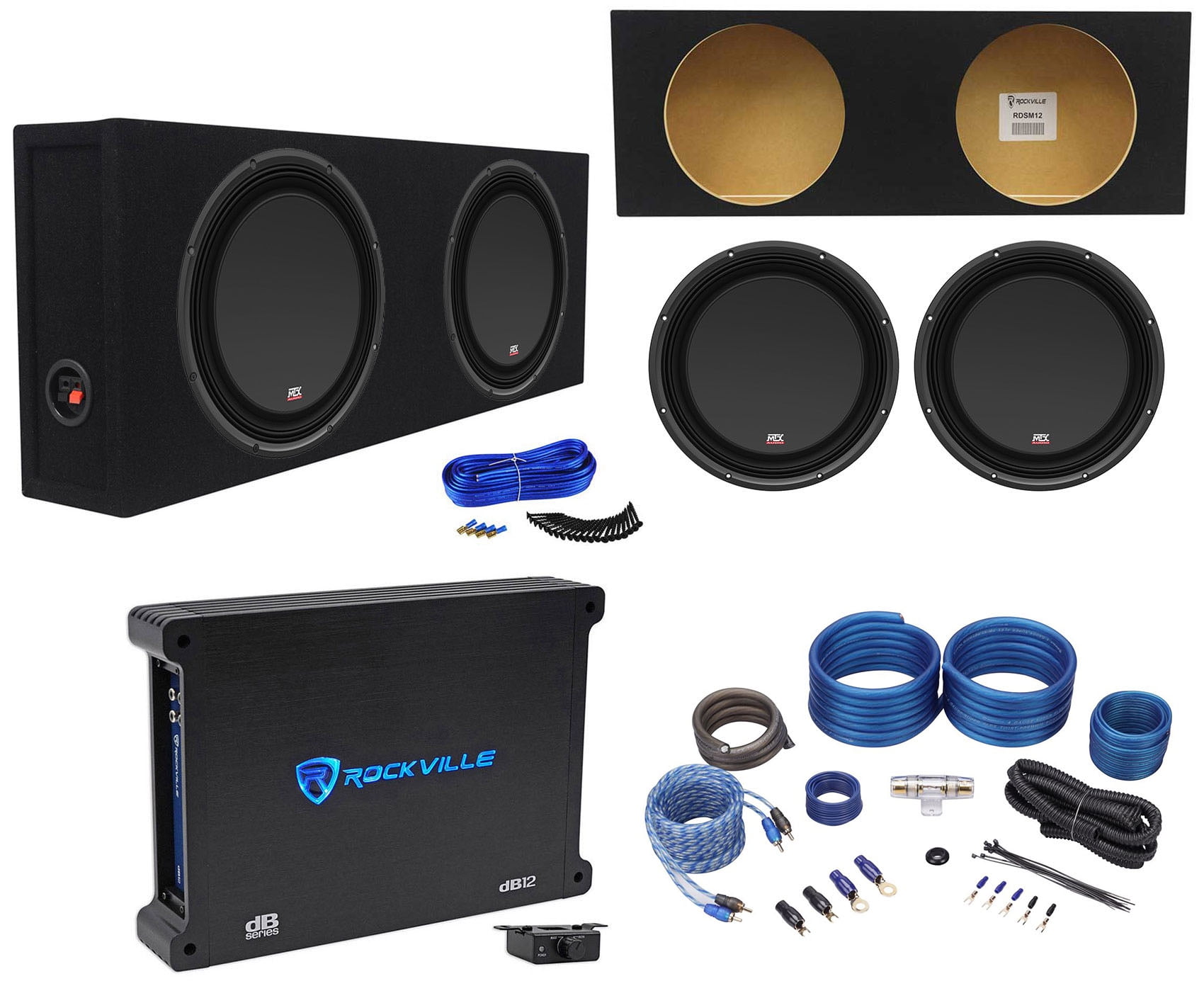 (2) MTX 3512-04S 12" 1200w Shallow Subwoofers+Sealed Slim Box+Amplifier ...