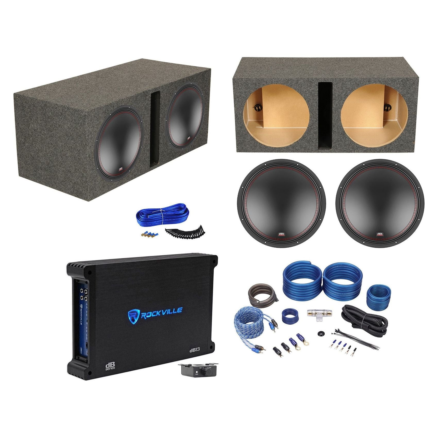 (2) MTX 5515-22 15" 1600w Car Subwoofers+Vented Sub Box+Mono Amplifier ...