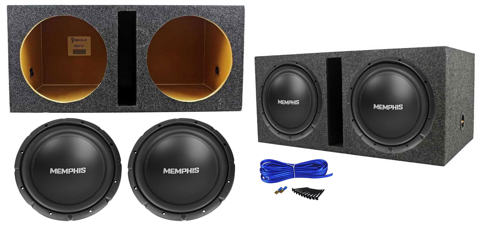 2 Memphis Audio SRX1244 12" 500w SRX DVC Car Subwoofers+Vented Sub Box ...