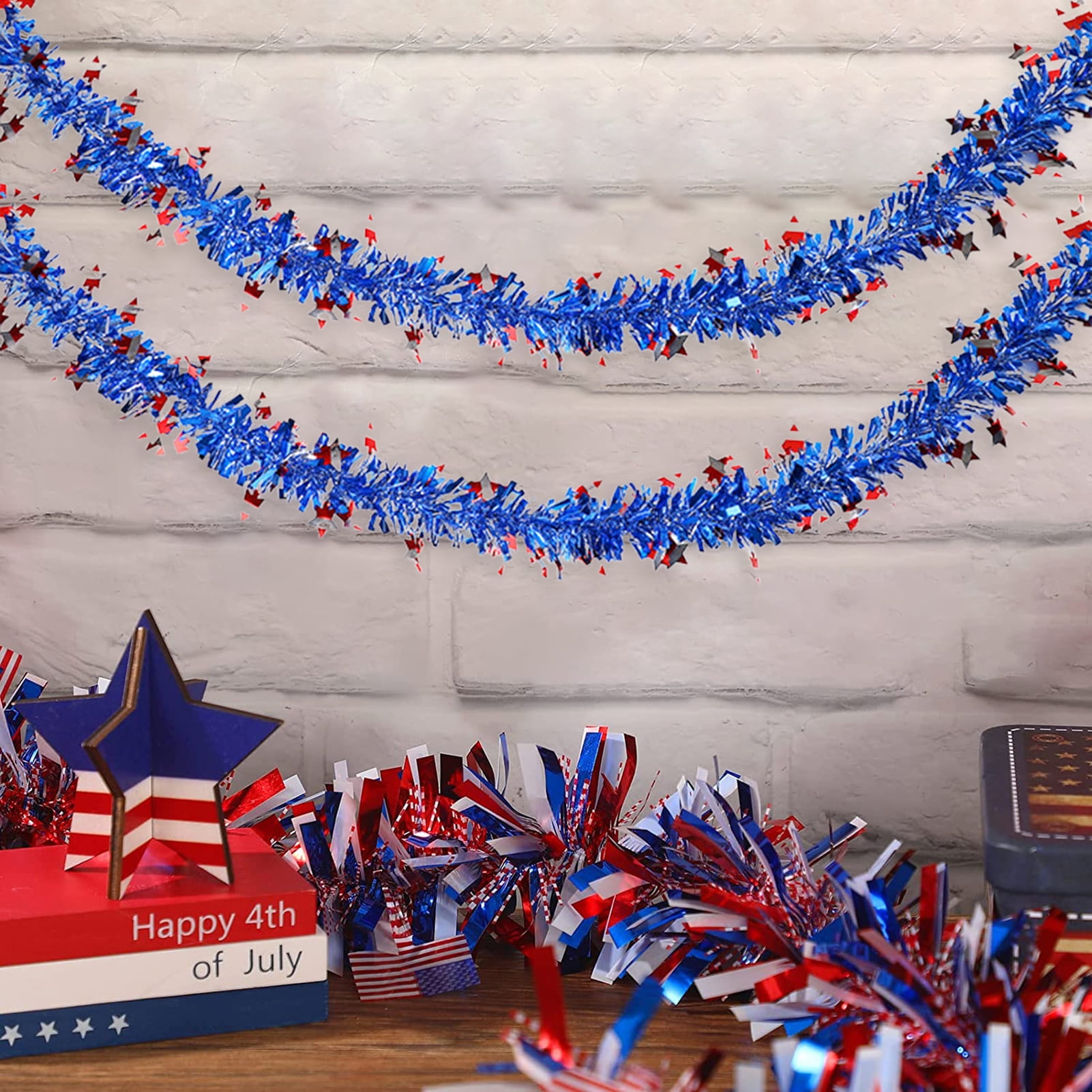 2 Meters Patriotic Tinsel Garland Red White Blue Metallic Wire Garland ...