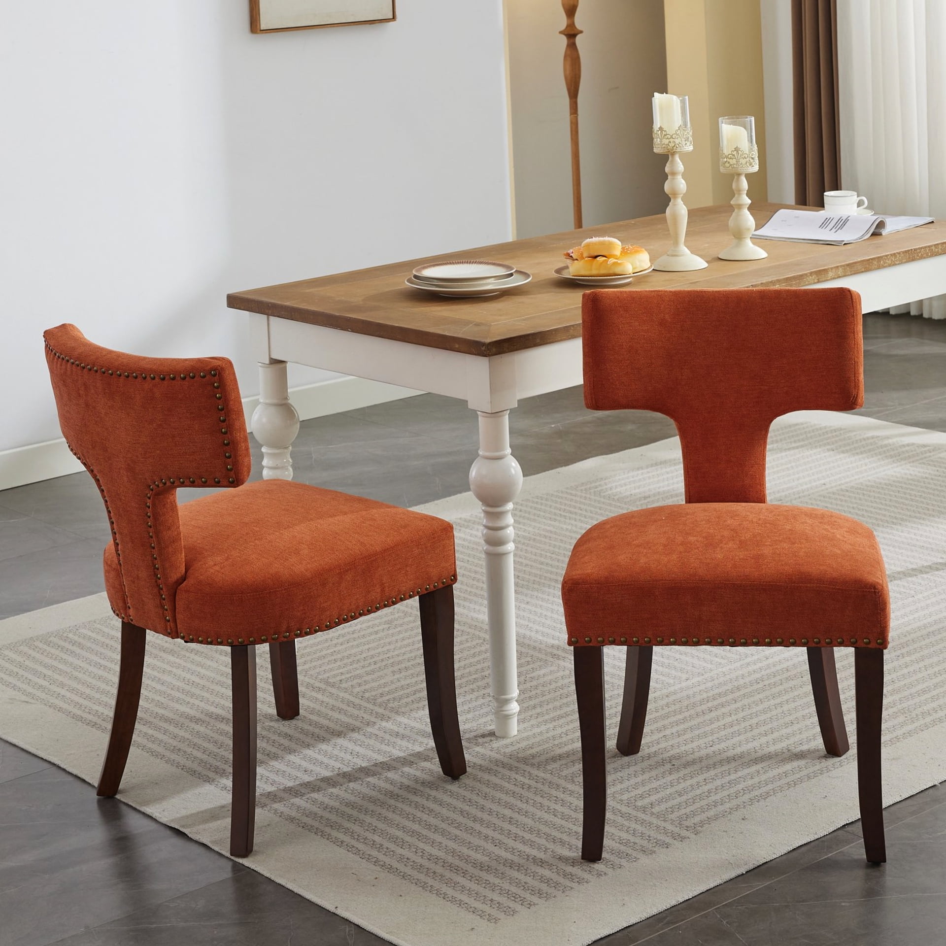2 Mid Century Modern Dining Chairs In Orange. Linen Upholstered Accent ...