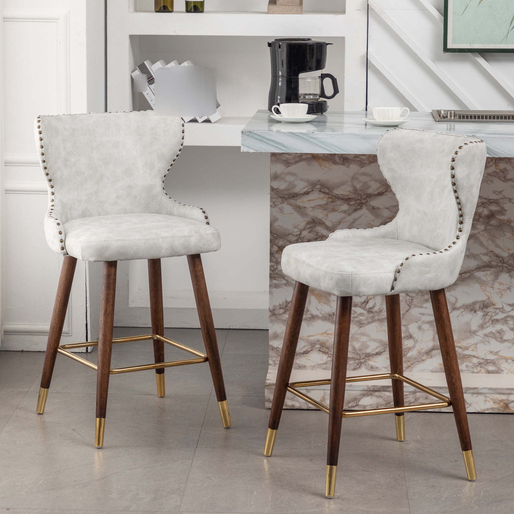 2 Mid-century Modern Counter Stool , - Faux Leather Seat, Back, Curved ...
