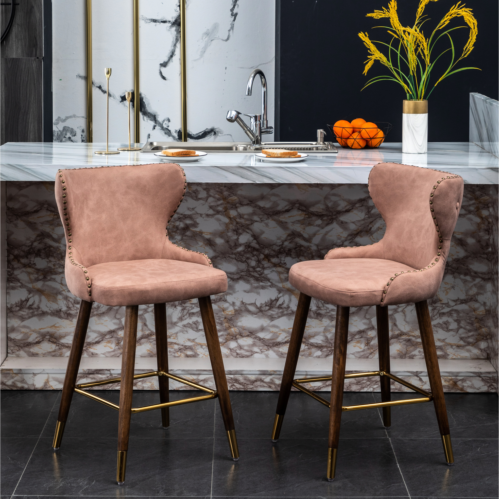 2 Mid-century Modern Counter Stools In Pink - Faux Leather Seat ...