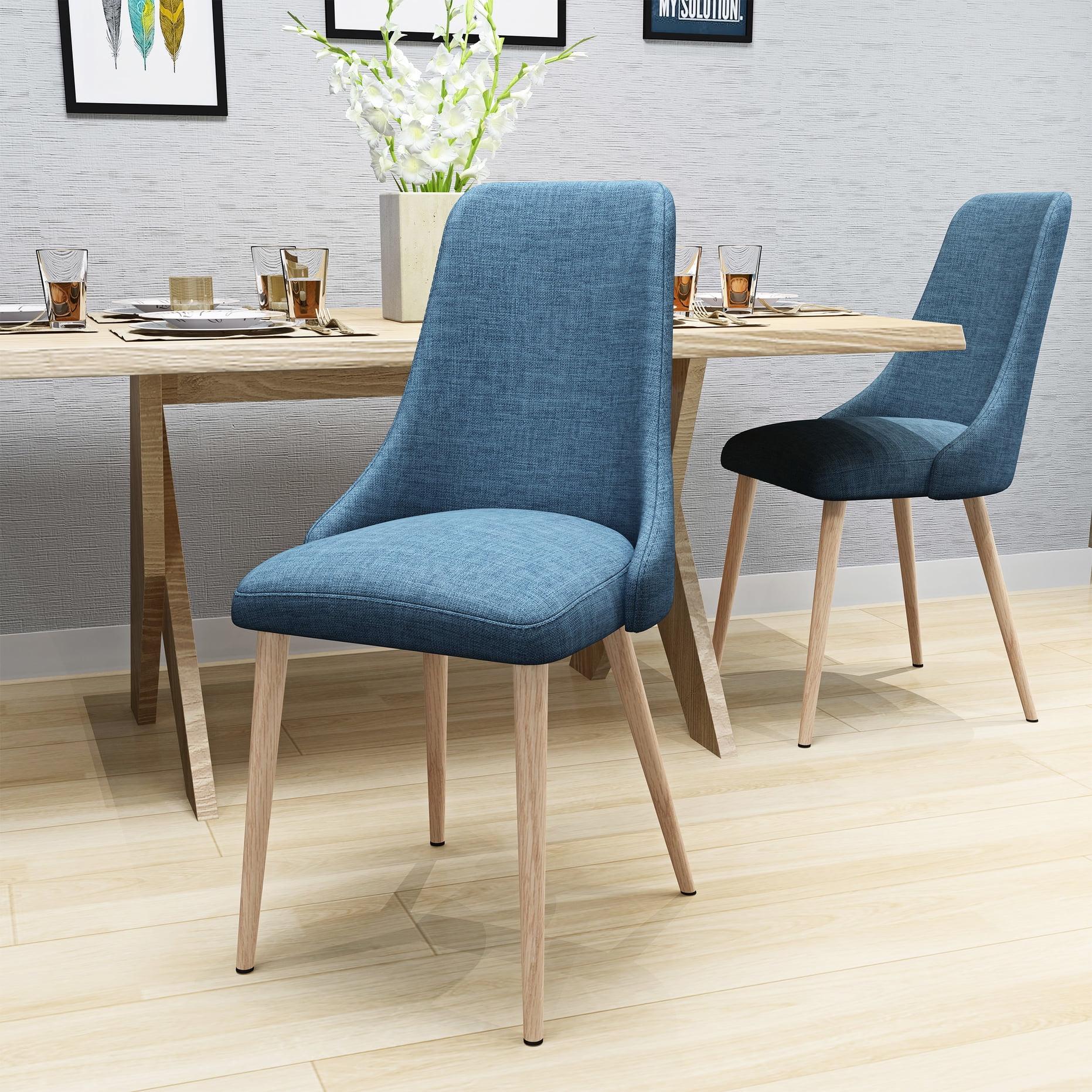 2 Mid-century Modern Dining Chairs, Blue And Walnut, Wood Frame ...