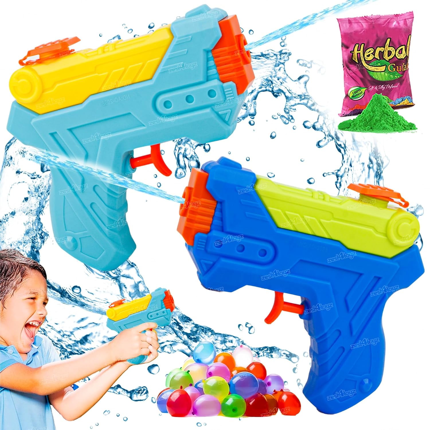 2 Mini Water Guns With 1 Packet Herbal Gulal + 100 Water Balloons ...