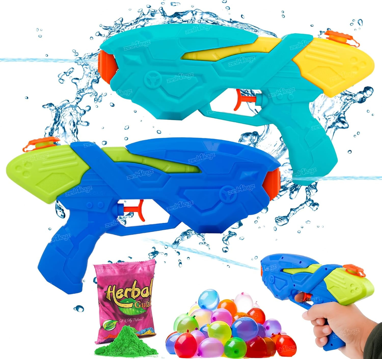 2 Mini Water Guns With 1 Packet Herbal Gulal + 100 Water Balloons ...