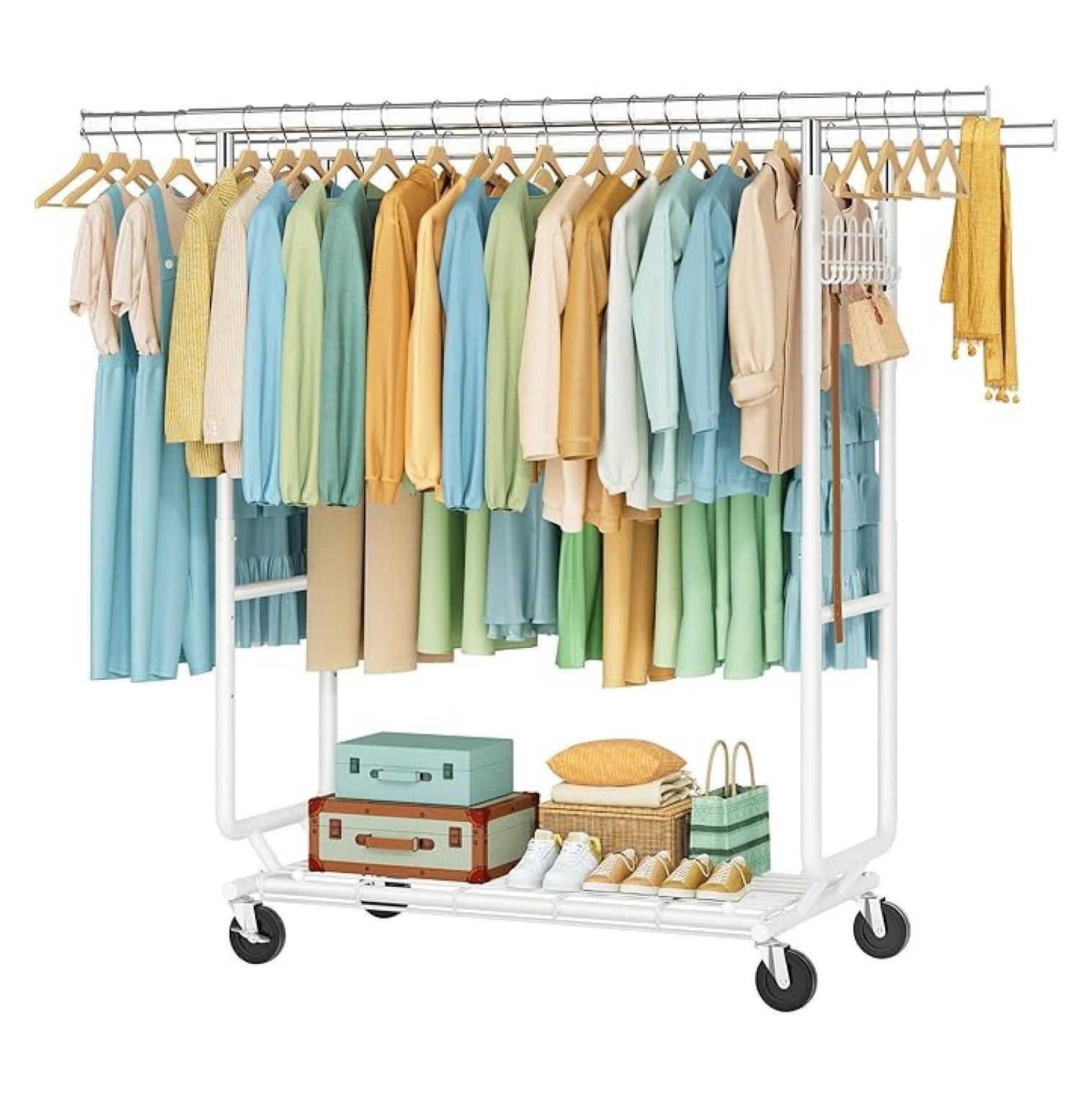 2-Minute Assembly Double Rod Clothes Rack, Heavy Duty Rolling Clothing ...