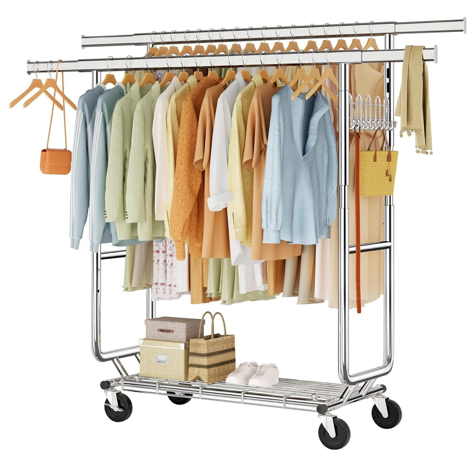 2-Minute Assembly Double Rod Clothes Rack, Heavy Duty Rolling Clothing ...