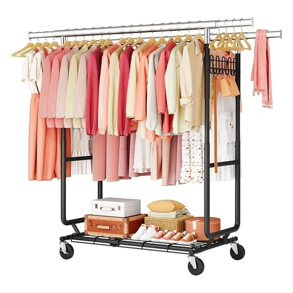 2-Minute Assembly Double Rod Clothes Rack, Heavy Duty Rolling Clothing ...