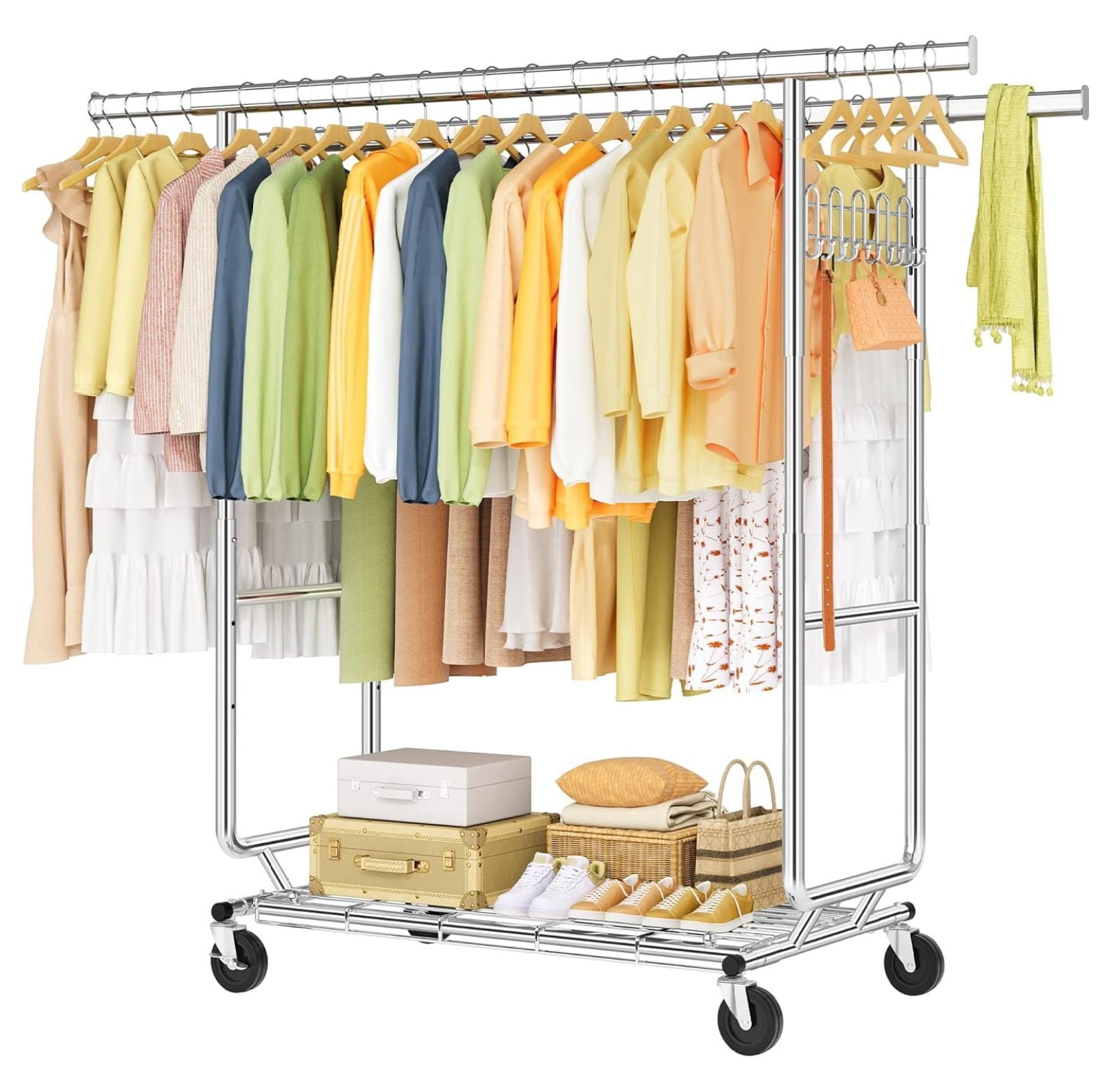 2-Minute Assembly Double Rod Clothes Rack, Heavy Duty Rolling Clothing ...