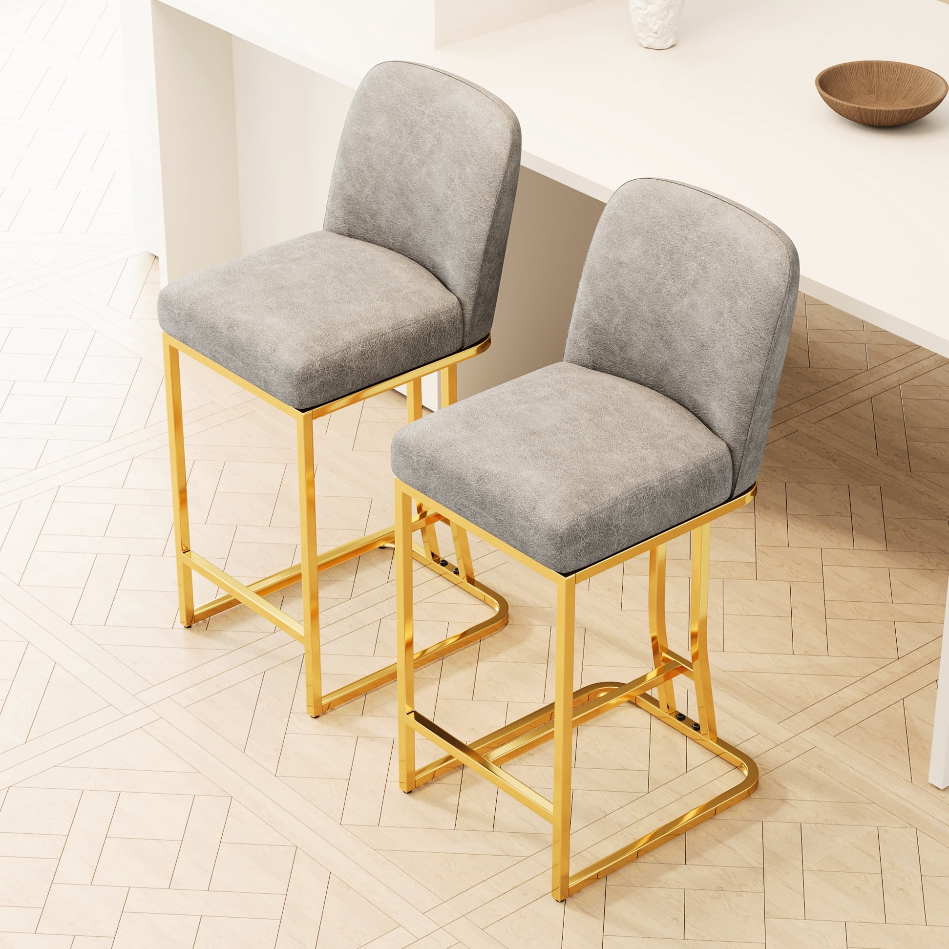 Of 2 Modern 360° Swivel Bar Chairs, Grey+gold Pu Upholstery, Thick ...