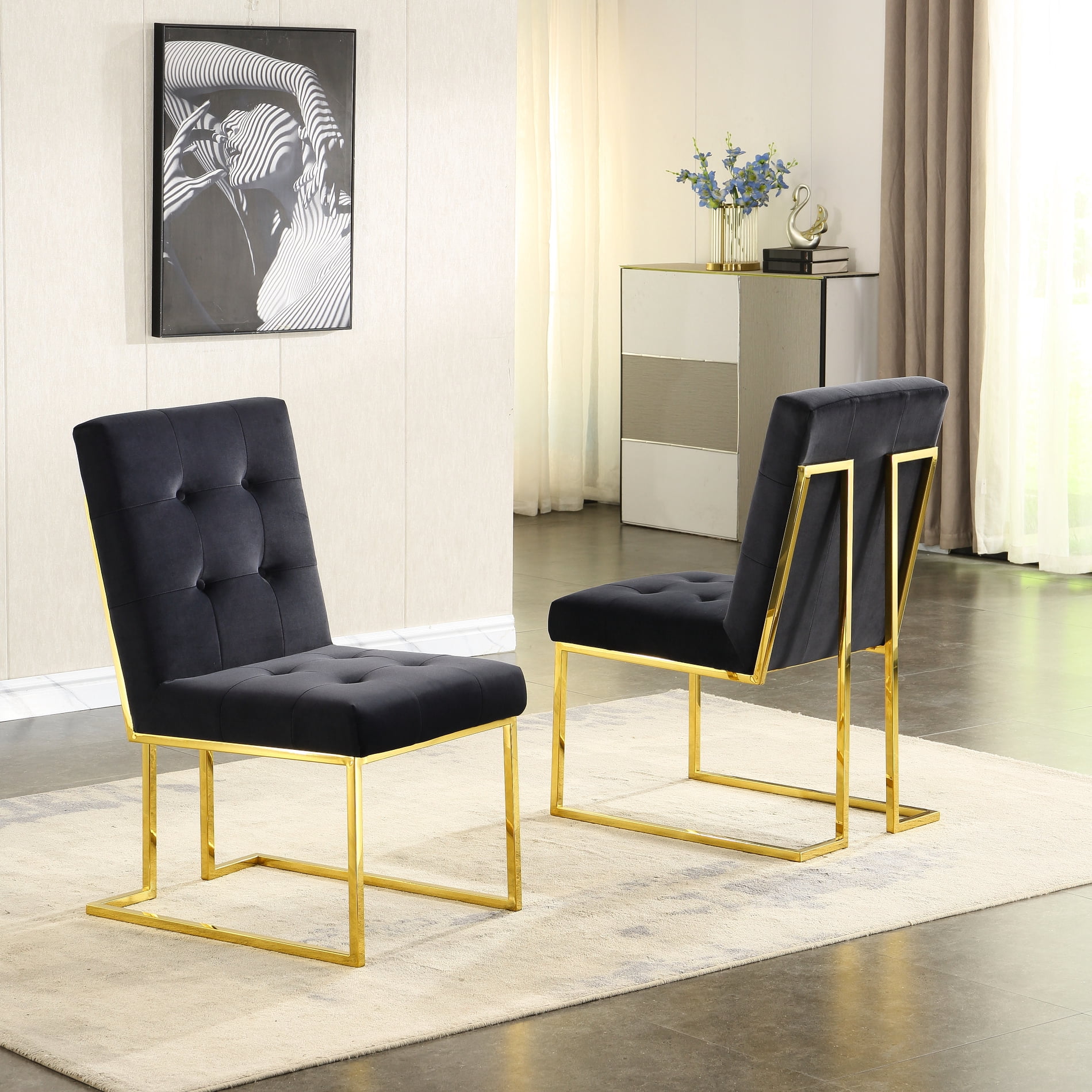 2 Modern Dining Chair - Velvet Upholstery, , Gold Metal Base Stainless ...