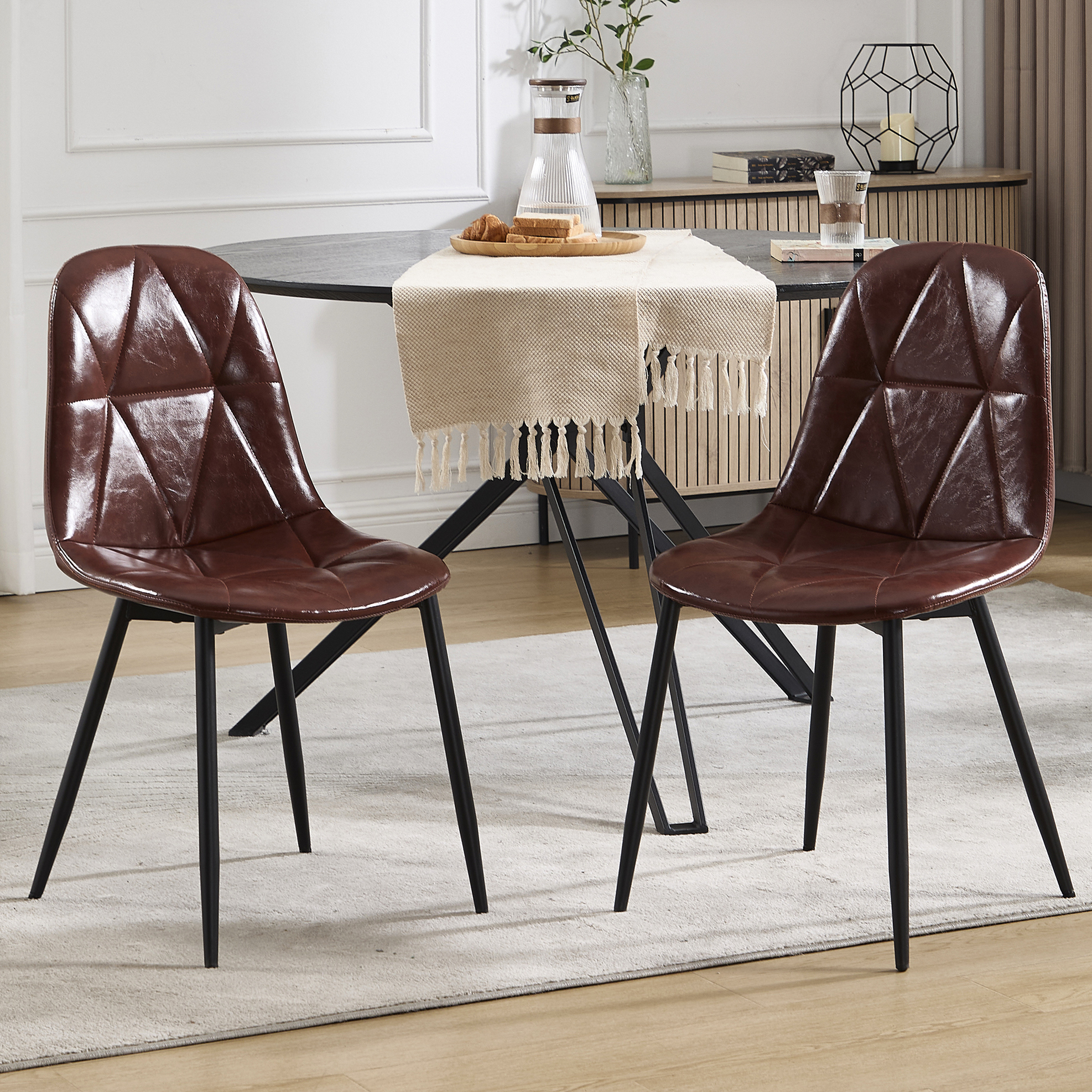 Of 2 Modern Dining Chairs, Upholstered Faux Leather, Metal Legs, High ...