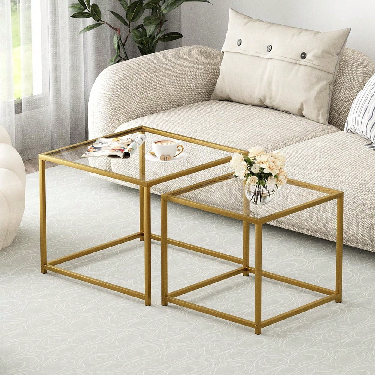 2, Modern Gold Glass Side Table, Metal Frame Square End Table, Center ...