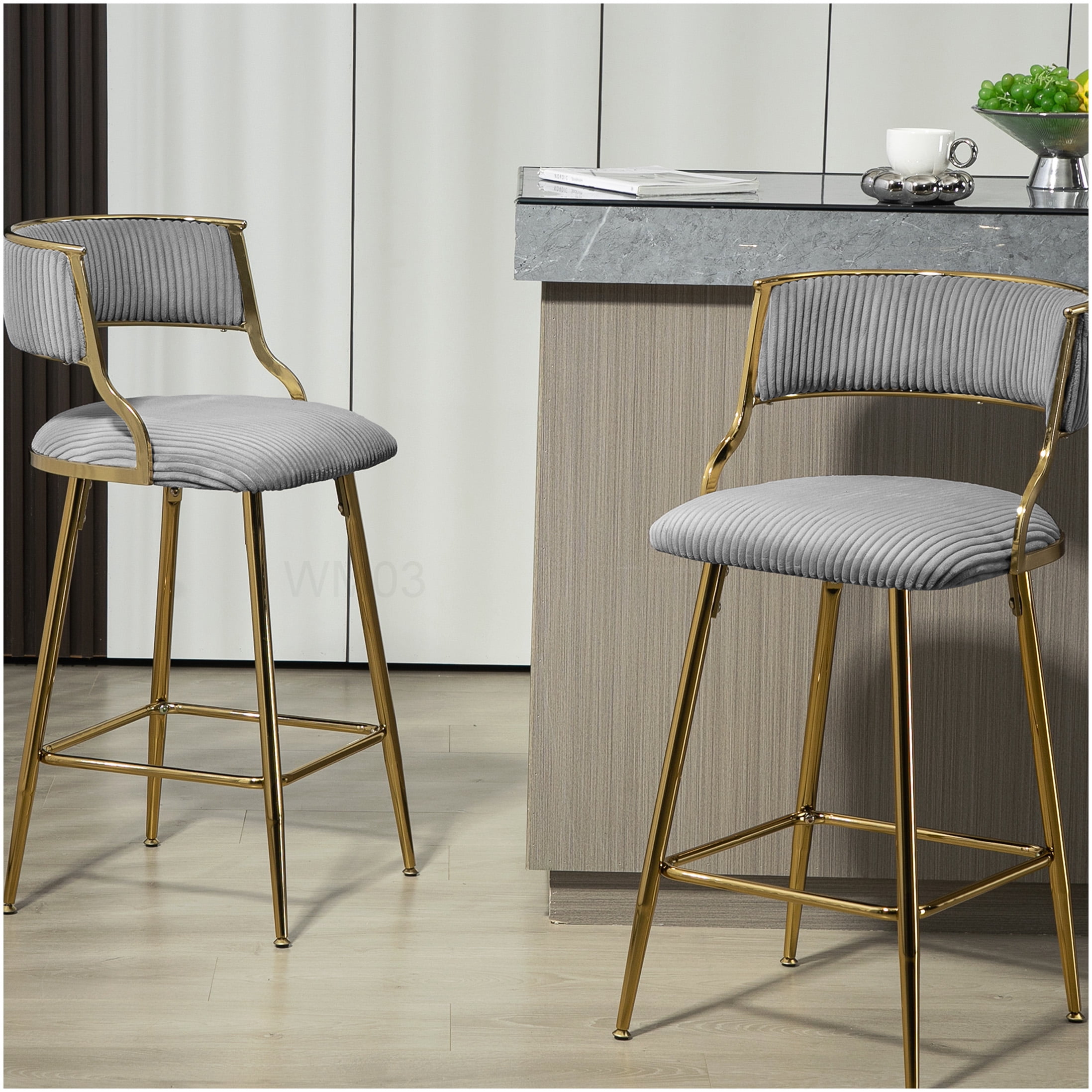 2 Modern Grey Corduroy Bar Stools with Backrest, 26 Inch Counter Stool ...