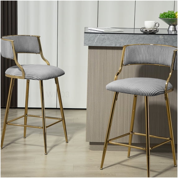 2 Modern Grey Corduroy Bar Stools with Backrest, 26 Inch Counter Stool ...