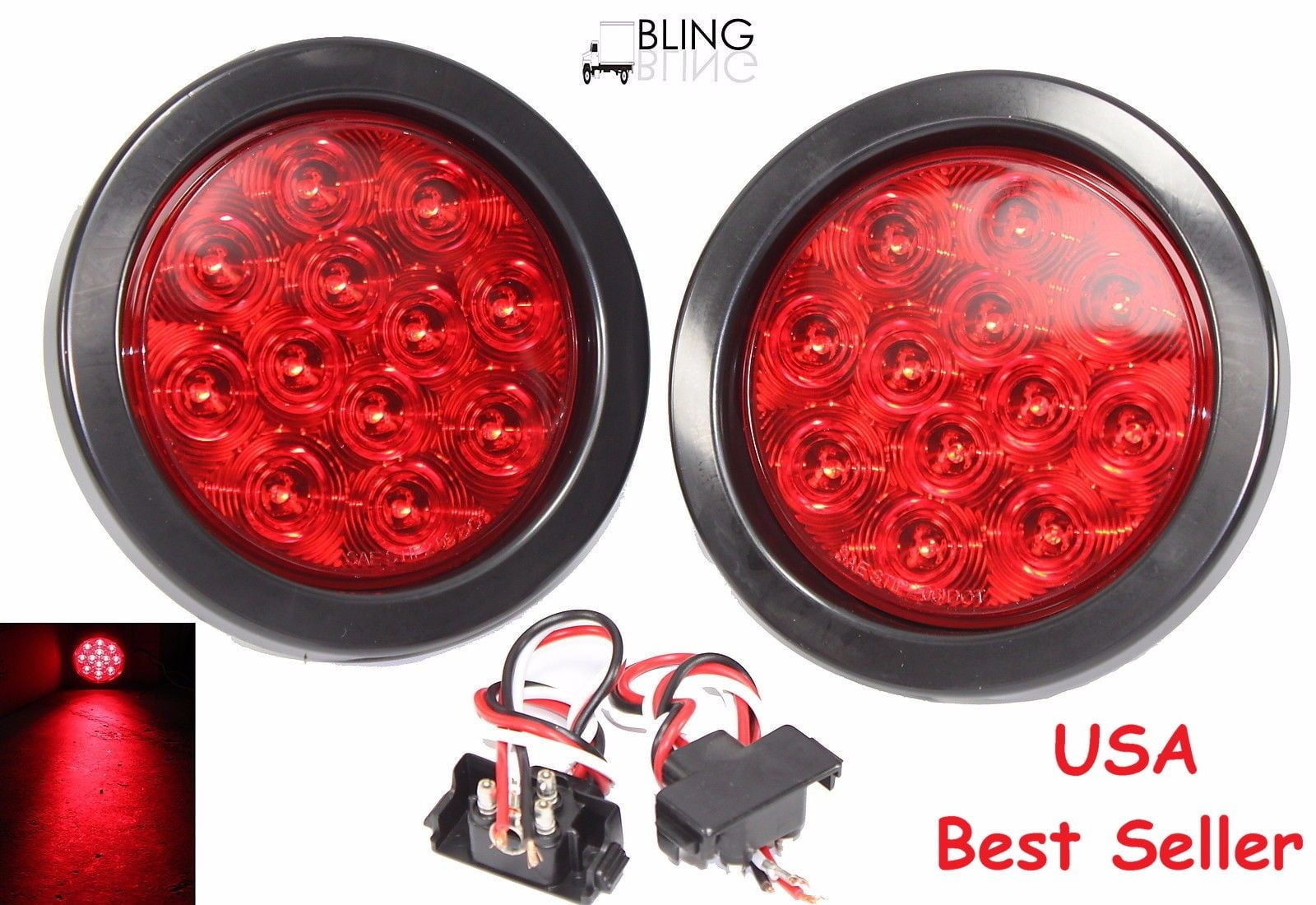 2 NEW Red LED 4" Round Stop Turn Tail LIGHT w GROMMET PLUG Truck ...