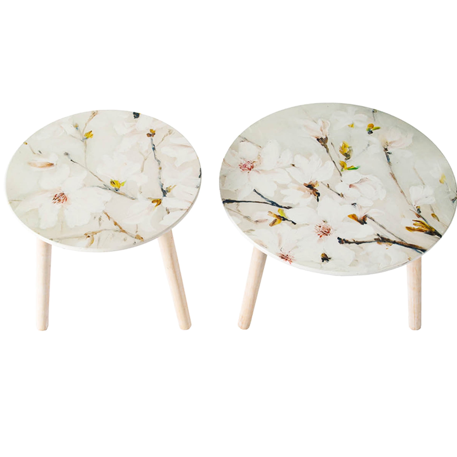 2 Nature Side Tables - Construction, White With Floral Painted Tops ...