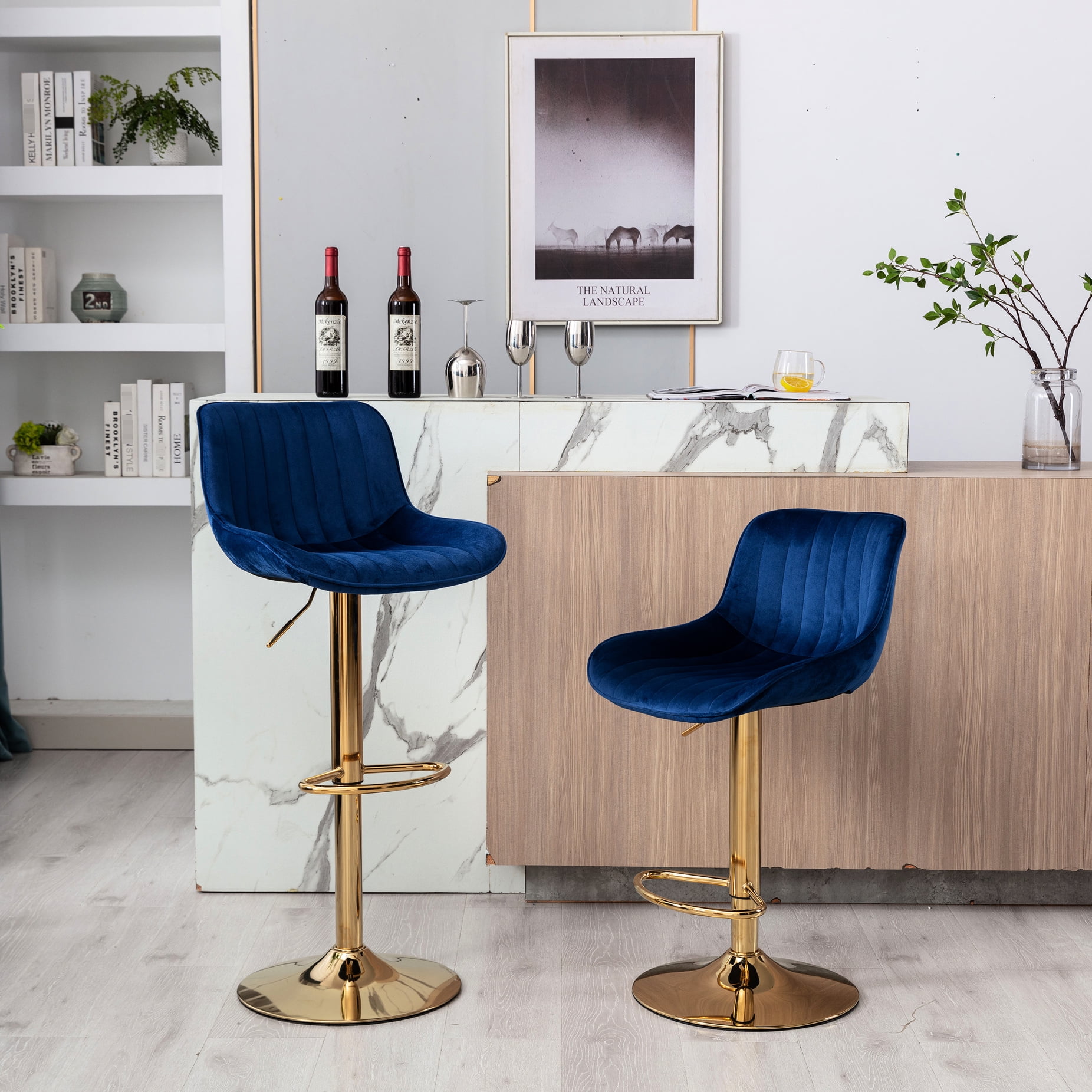 Of 2 Navy Velvet Bar Stools. Height Adjustable, Footrest & Base ...