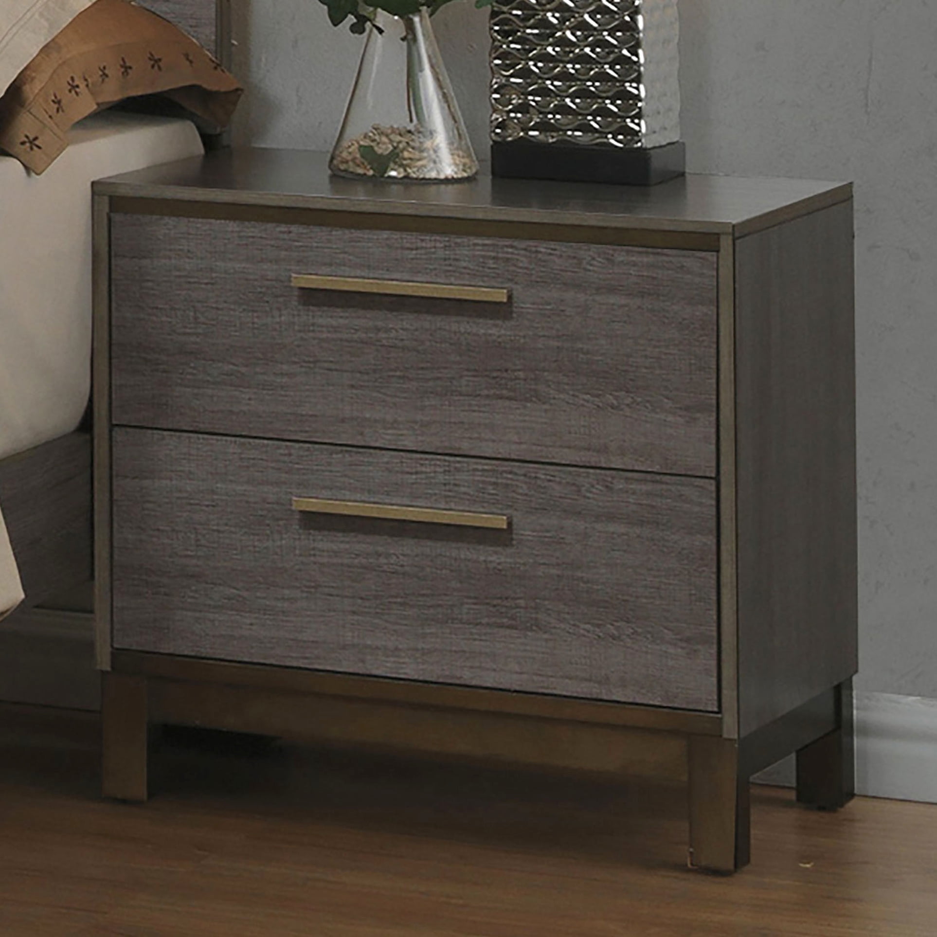 2 Nightstand In Two-tone Antique Gray For Bedroom Furniture With Center ...