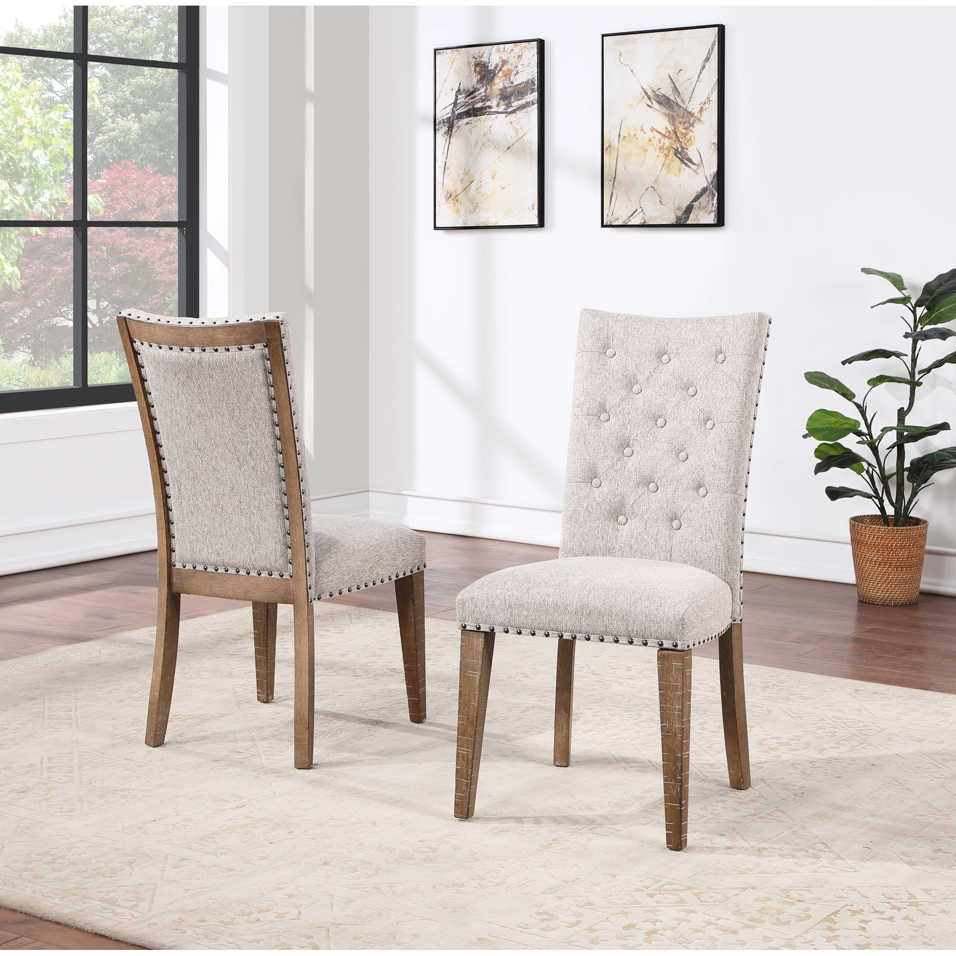 Of 2 Oatmeal Side Chairs - Casual Design Button Back With Gray Trim ...