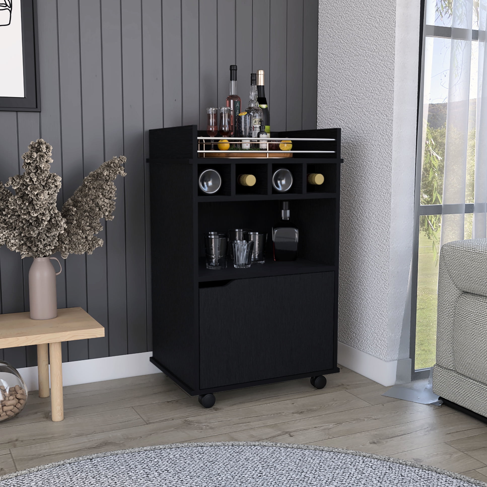 2 Open Shelves & Cabinet Bar Cart With 4 - Space Saving Grace Modern ...