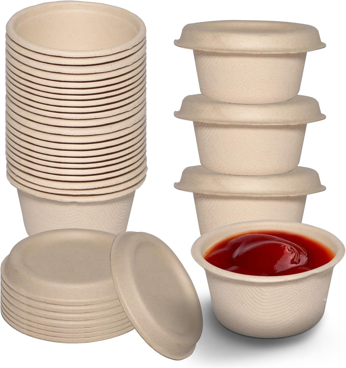 2 Oz Compostable Souffle Portion Cups with Fiber Lids - Condiment Paper ...