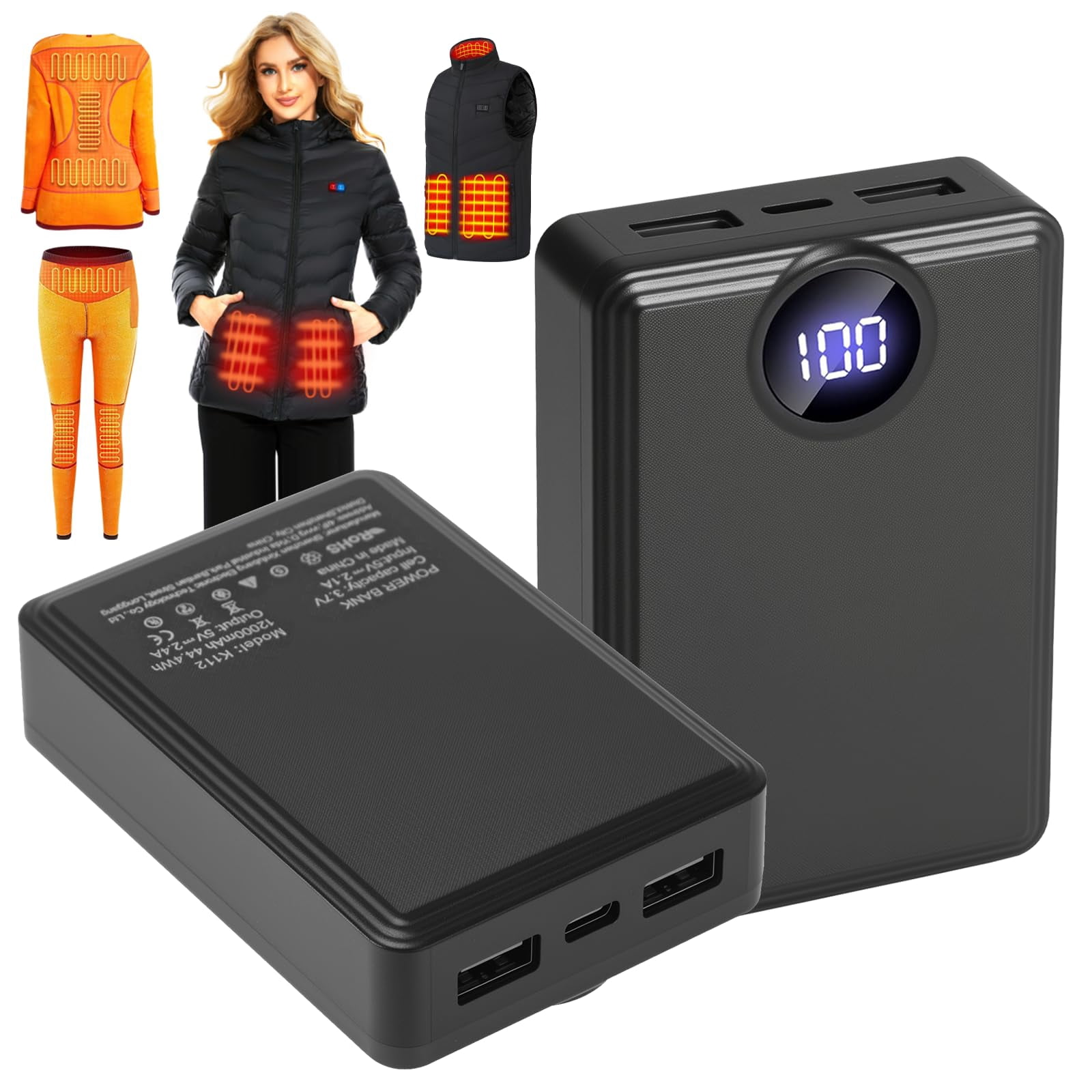 2 PACK 12000mAh Heated Vest Battery Pack,5V2A USB Power Bank Portable ...