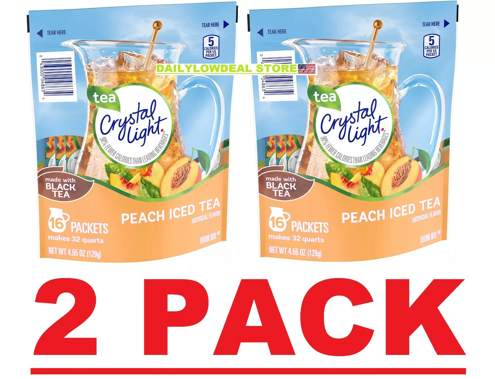 2 PACK - 16ct Crystal Light Peach Iced Tea Powdered Drink Mix (Total 32 ...