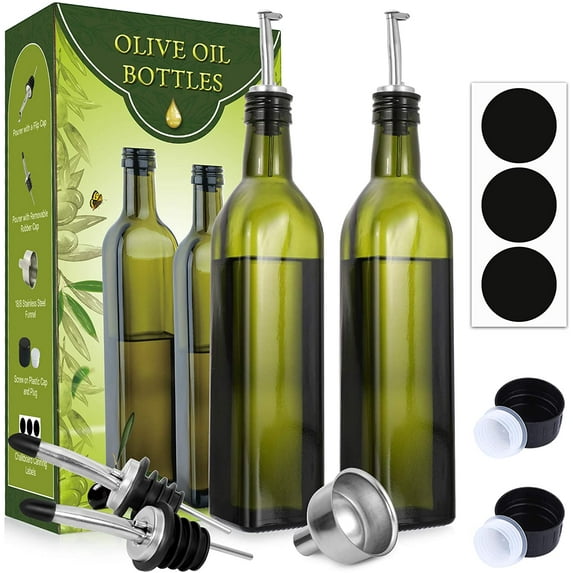 [2 PACK 17 oz Glass Olive Oil Dispenser Bottle Set - 500ml Dark Green ...