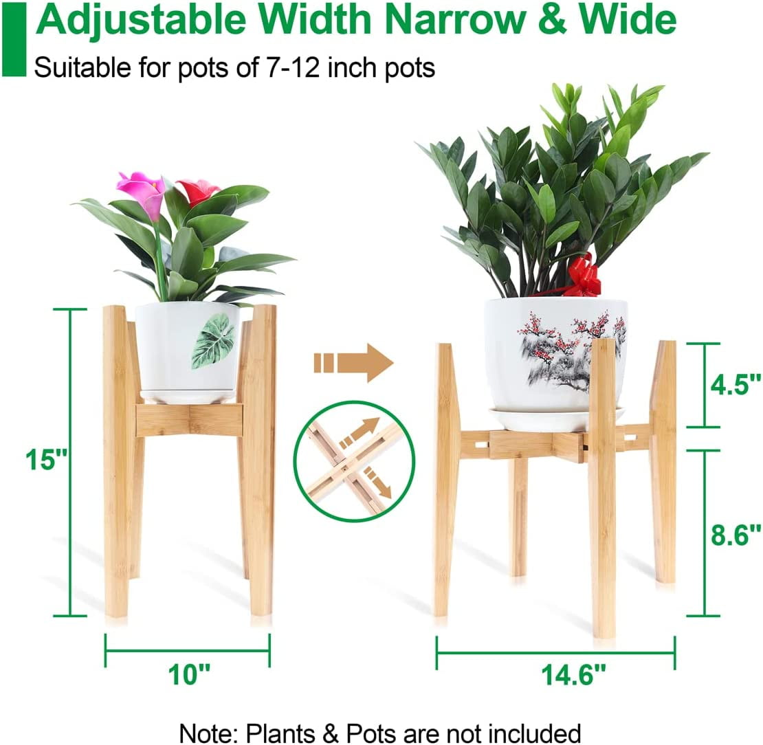 2 PACK Adjustable Plant Stand Indoor, Bamboo Mid Modern Plants Stands ...