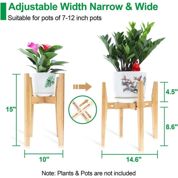 2 PACK Adjustable Plant Stand Indoor, Bamboo Mid Modern Plants Stands ...