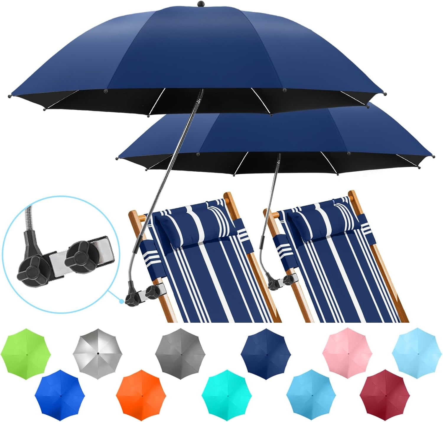 2 PACK Beach Umbrella with Clamp, 360 ° Adjustable Umbrellas for Chair ...