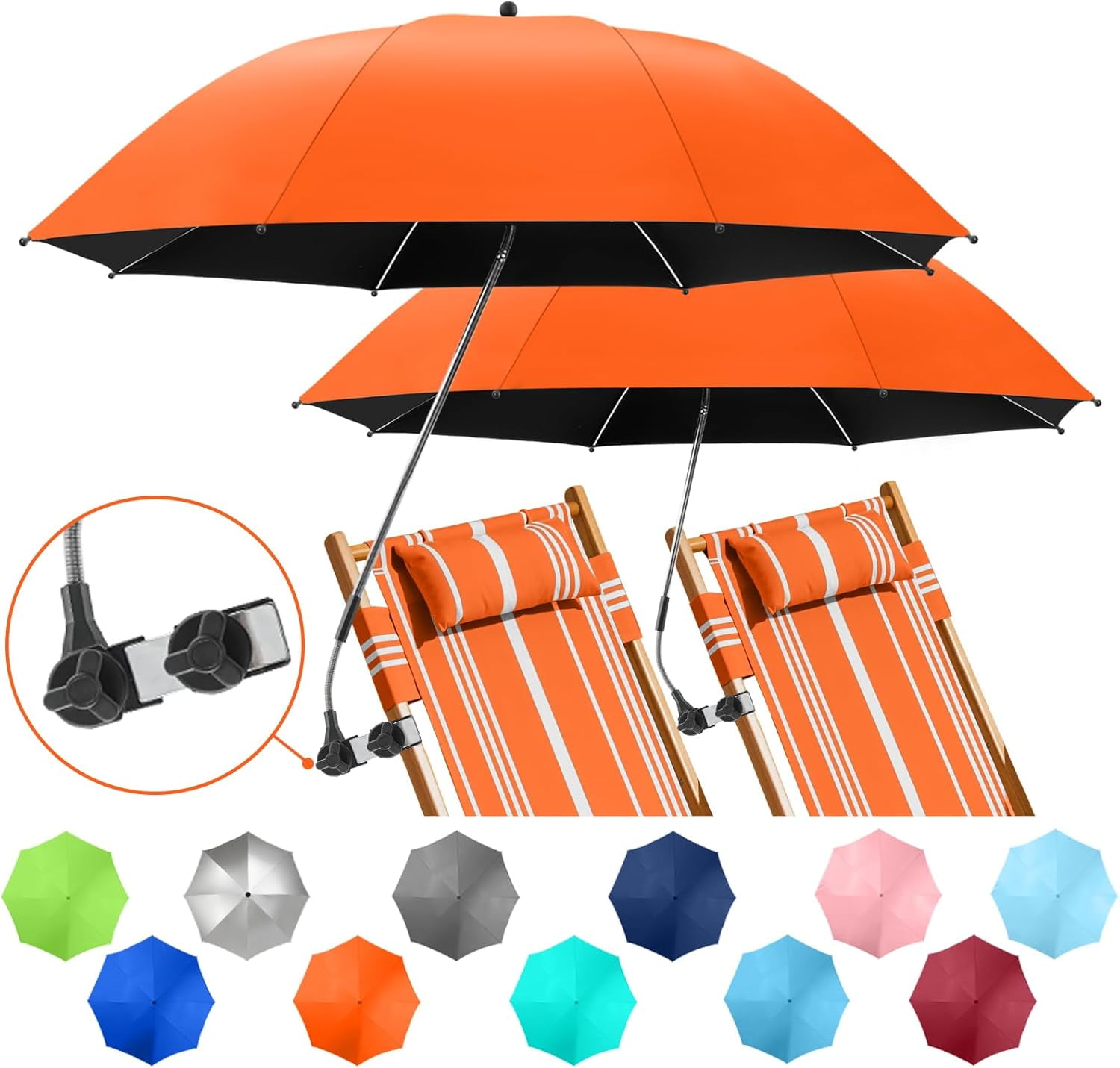 2 PACK Beach Umbrella with Clamp, 360 ° Adjustable Umbrellas for Chair ...