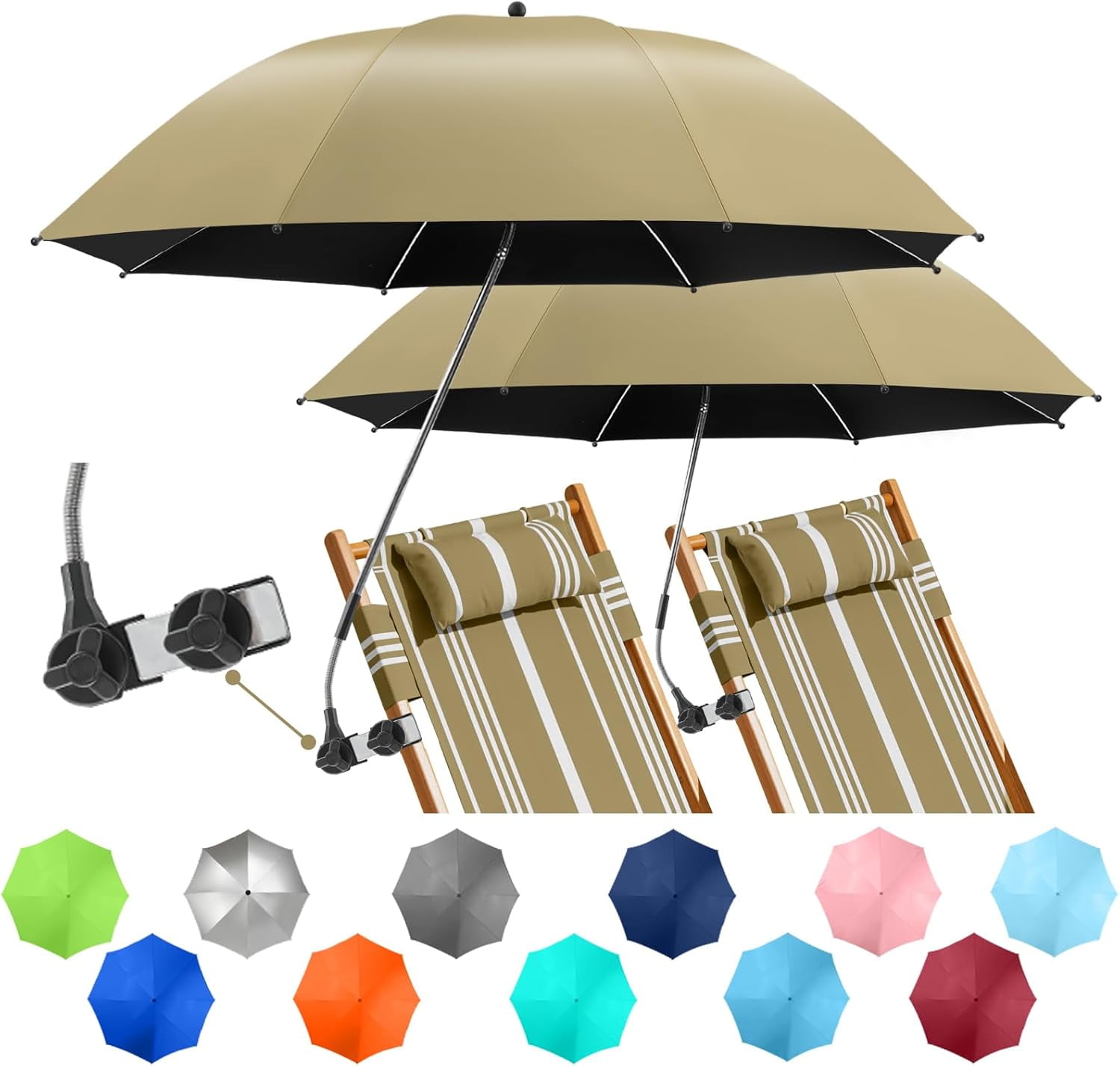 2 PACK Beach Umbrella with Clamp, 360 ° Adjustable Umbrellas for Chair ...