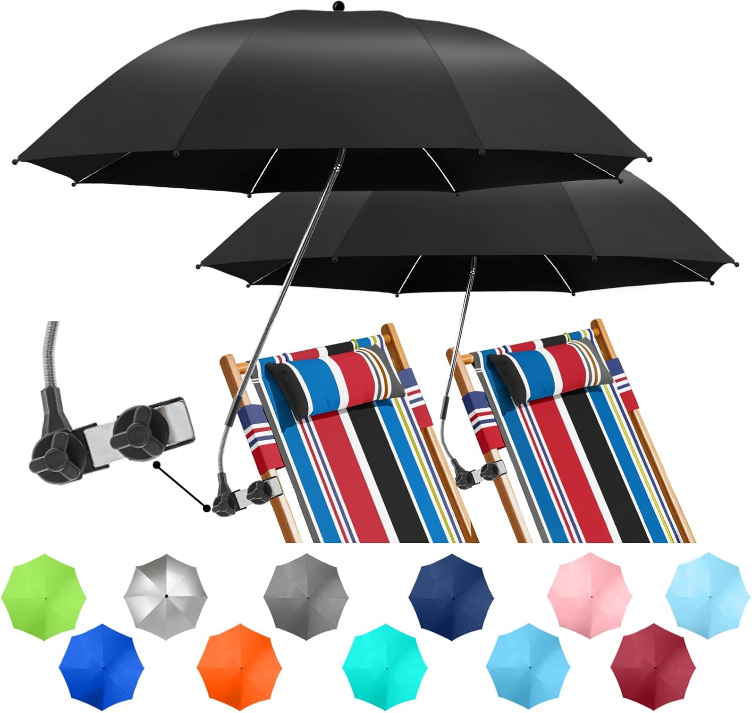 2 PACK Beach Umbrella with Clamp, 360 ° Adjustable Umbrellas for Chair ...