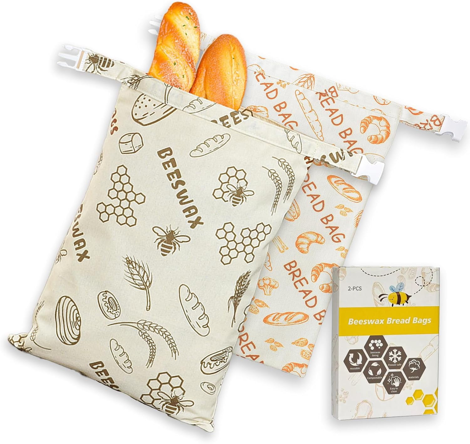 2-PACK Beeswax Bread Bag - Reusable Food Wrapor Homemade Sourdough Loaf ...