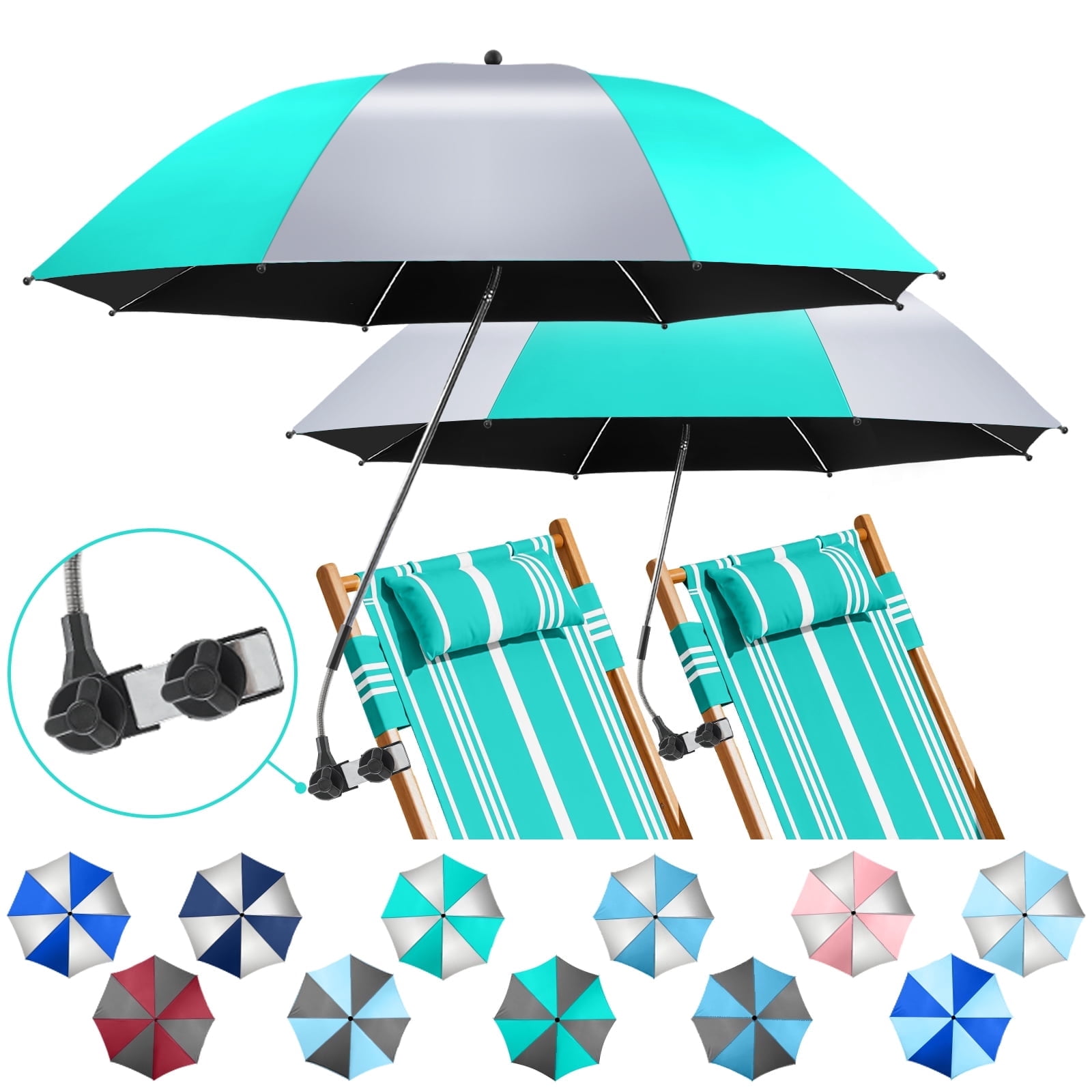 2 PACK Chair Beach Umbrella with Clamp, 360 ° Adjustable Umbrellas for ...