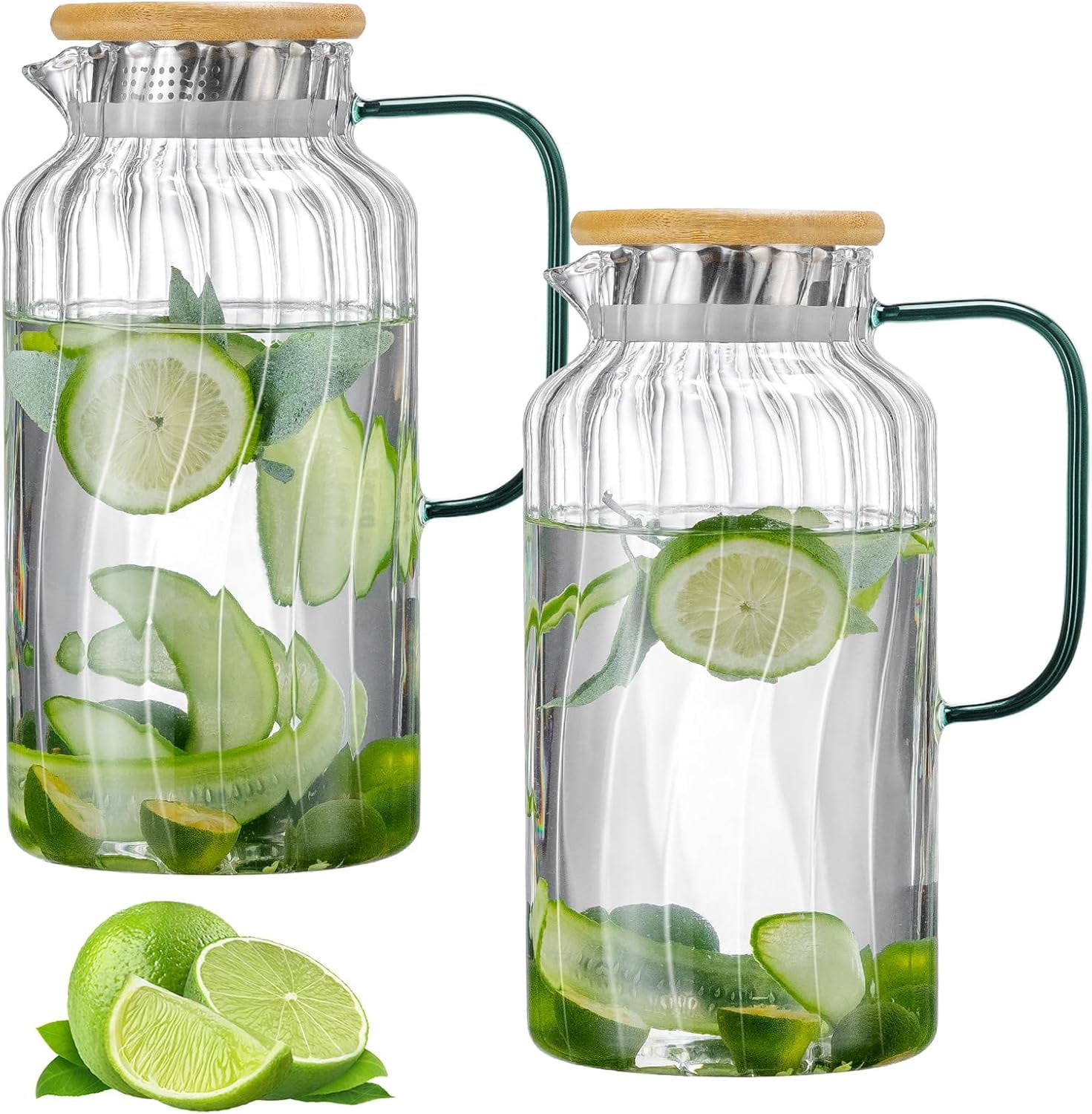 2 PACK Glass Pitcher with Lid, 68 oz/ 2 Liter Classic Vertical Stripes ...