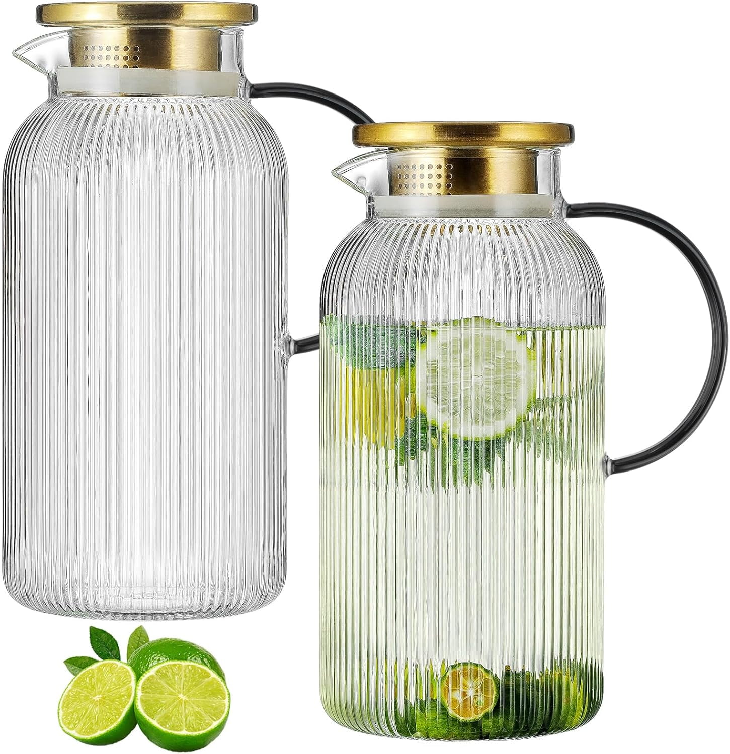 2 PACK Glass Pitcher with Lid, 68 oz/ 2 Liter Classic Vertical Stripes ...