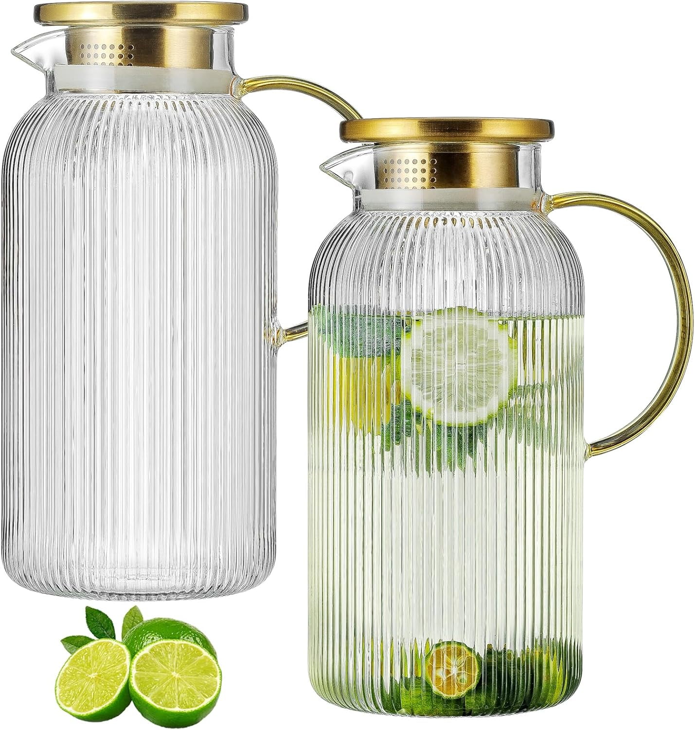 2 PACK Glass Pitcher with Lid, 68 oz/ 2 Liter Classic Vertical Stripes ...
